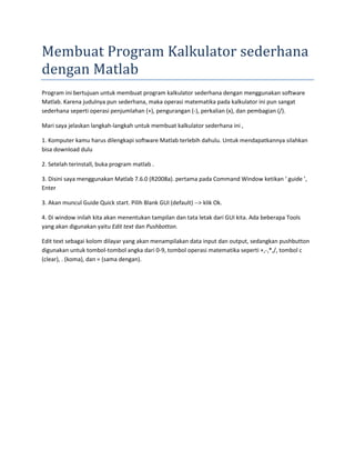 Membuat program kalkulator sederhana dengan matlab | DOCX