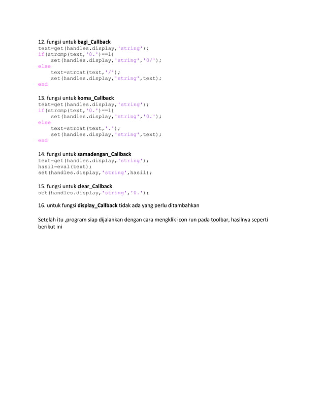 Membuat program kalkulator sederhana dengan matlab | DOCX