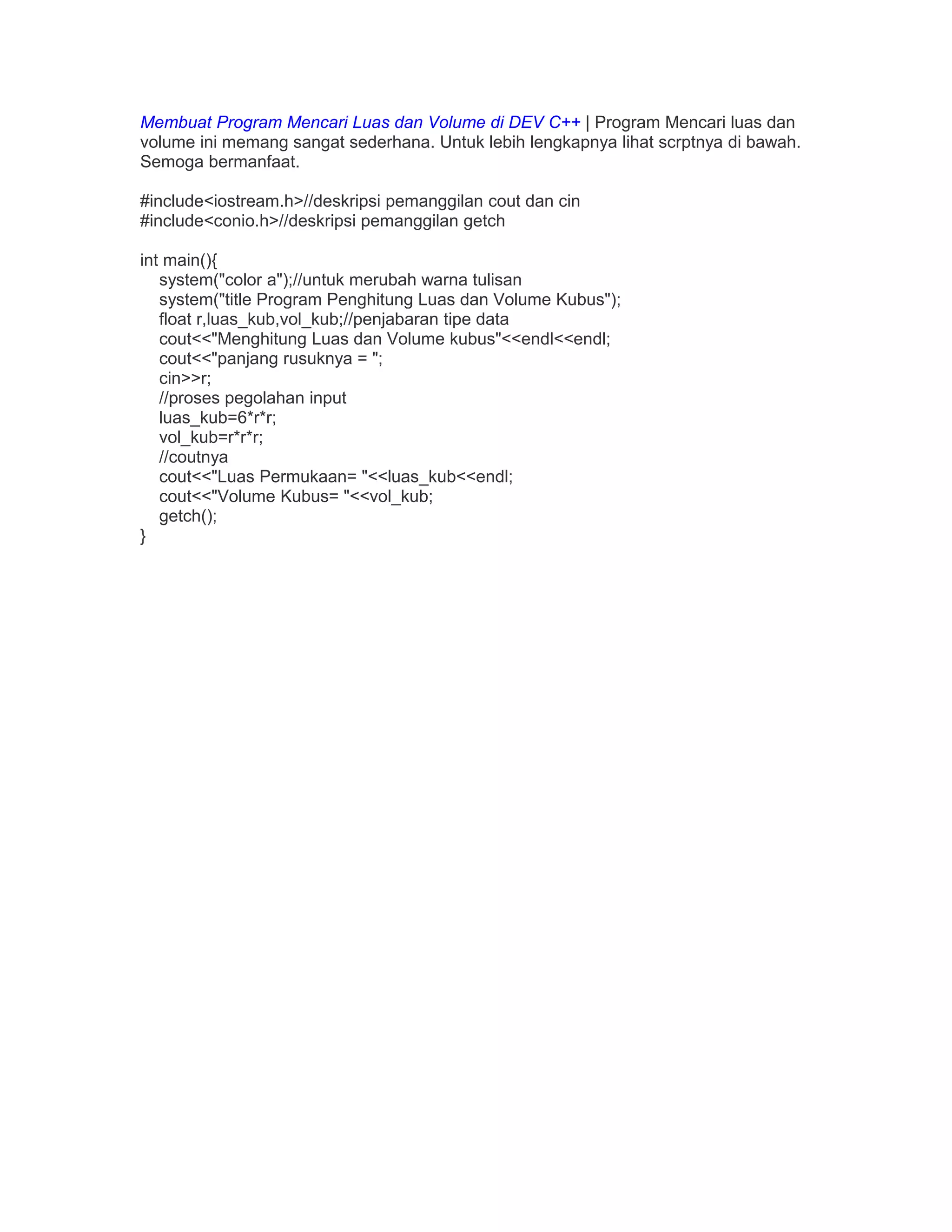 Membuat program mencari luas dan volume di dev c | DOC