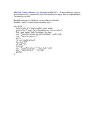 Membuat program mencari luas dan volume di dev c | DOC