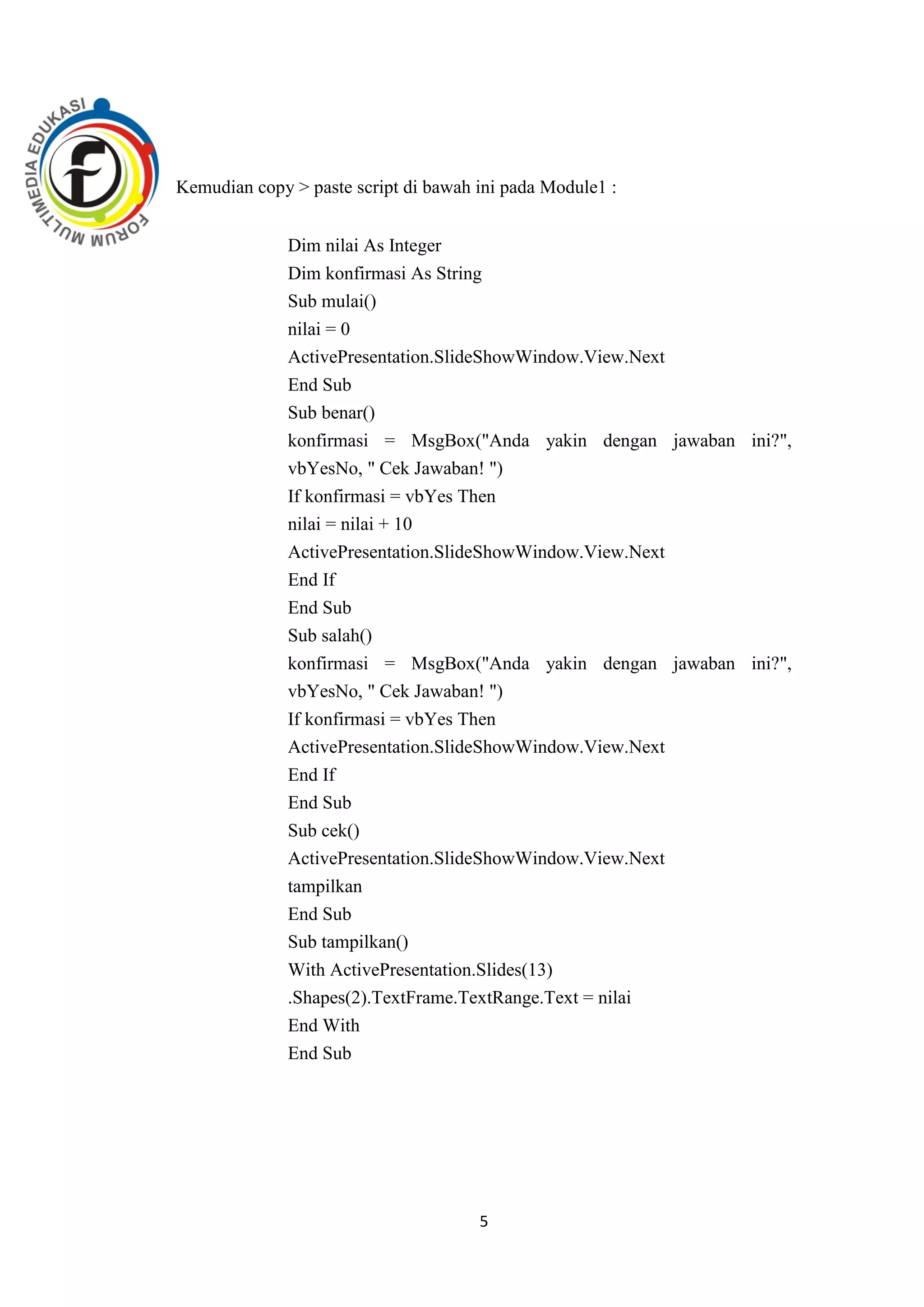 Membuat quiz interaktif dengan visual basic for applications | PDF