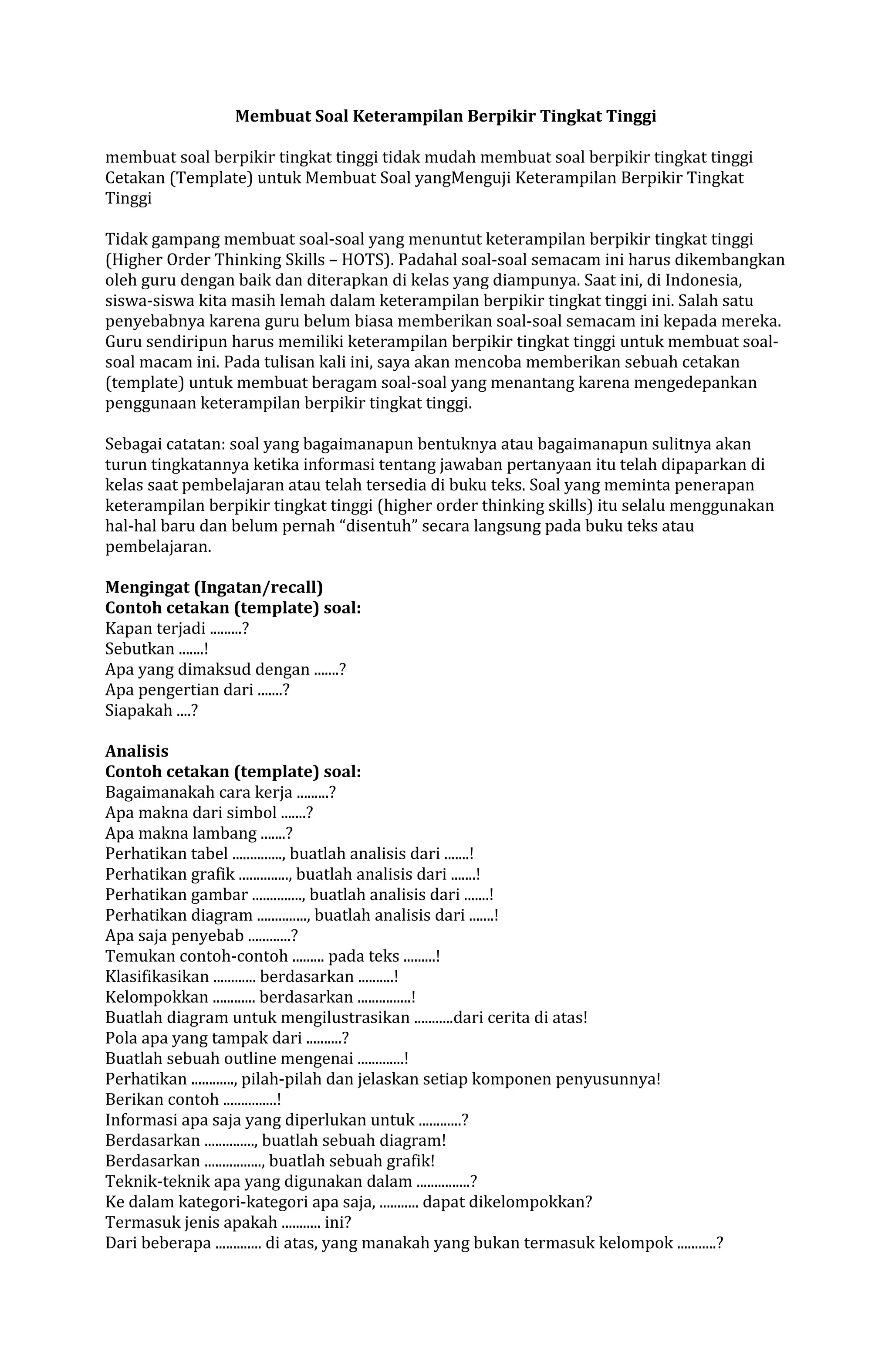 Membuat soal keterampilan berpikir tingkat tinggi ( hots ) | DOC