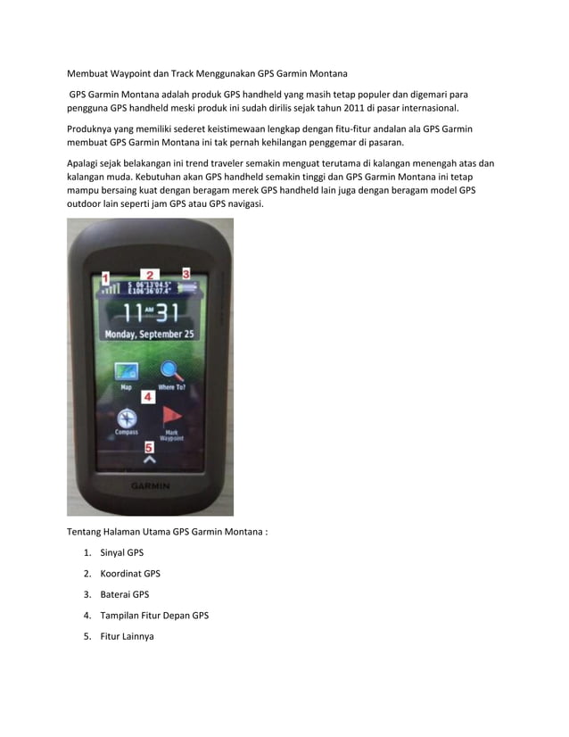 Membuat waypoint dan track menggunakan gps garmin montana | PDF