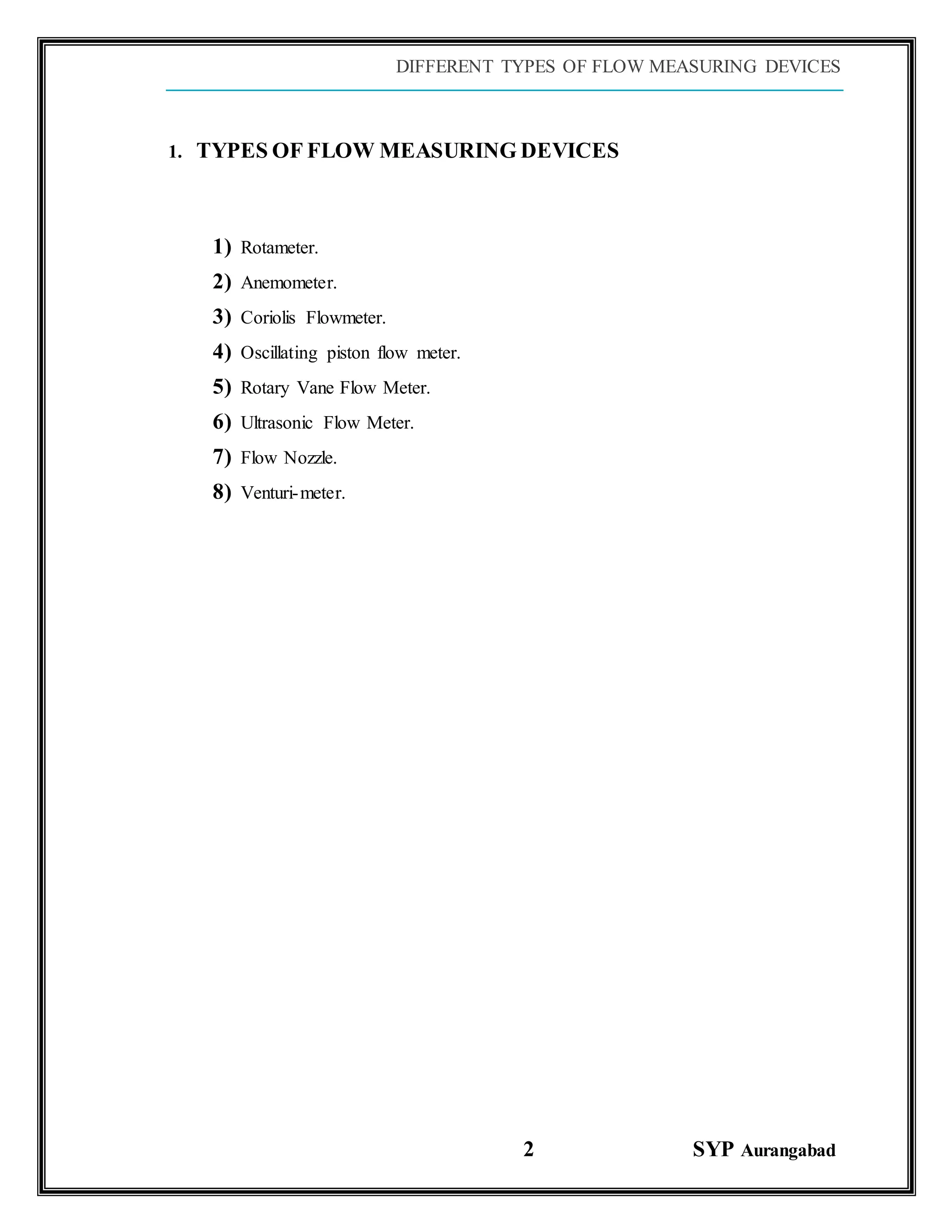 micro-project on different types of flow measuring devices | DOCX