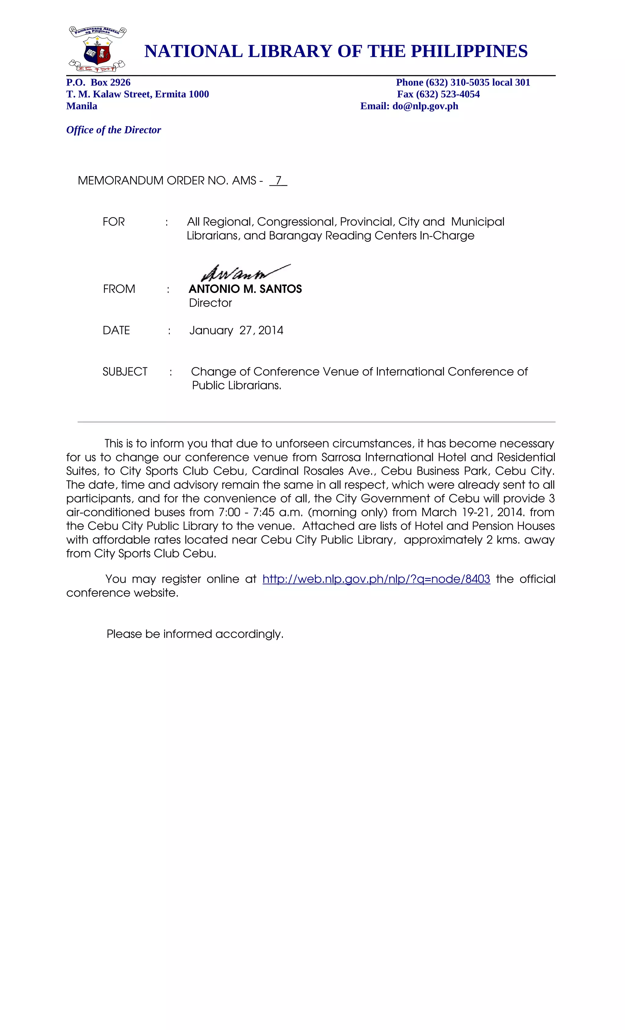 ALPS Congress Memo change of conference venue | PDF
