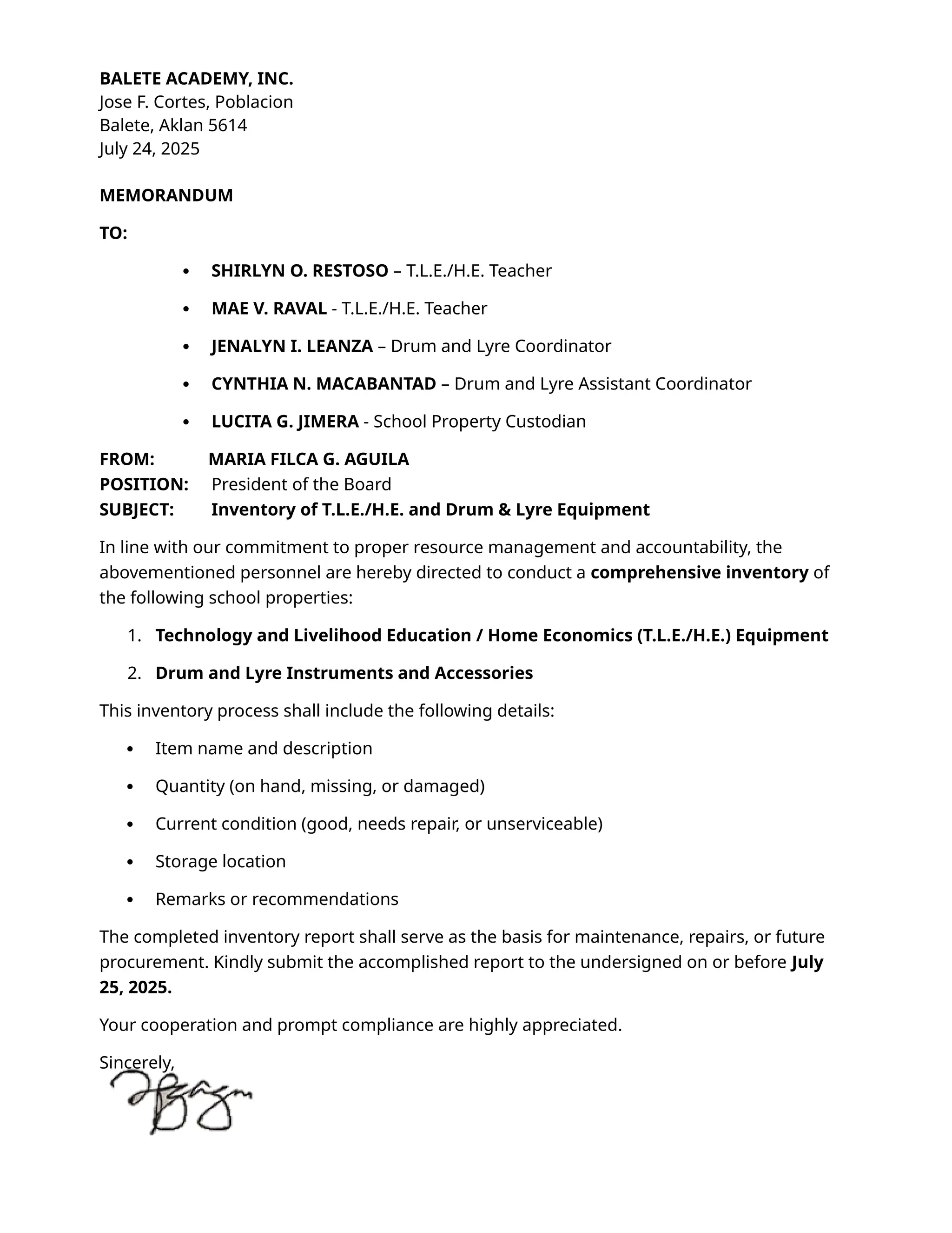 MEMO for Inventory of TLE and Drum and Lyre Equipment.docx