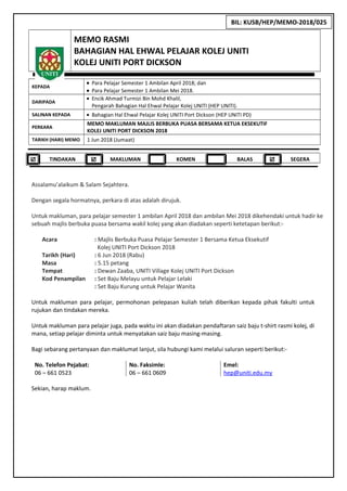 Memo Makluman Majlis Berbuka Puasa Bersama CEO Kolej UNITI | PDF