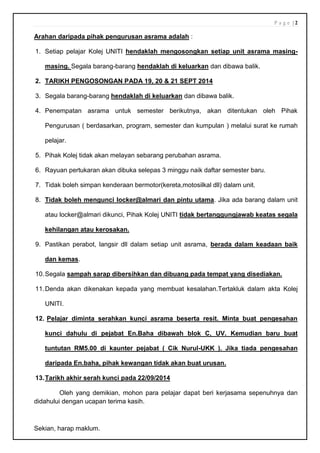 Memo Pengosongan Asrama (Ambilan Mei 2014) | PDF
