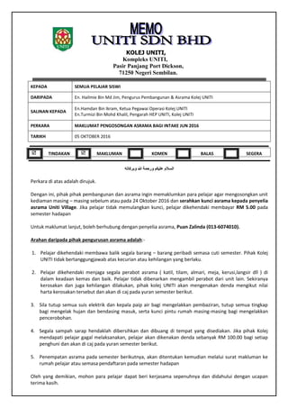 Memo Pengosongan Asrama bagi Pelajar Ambilan Jun 2016 | PDF