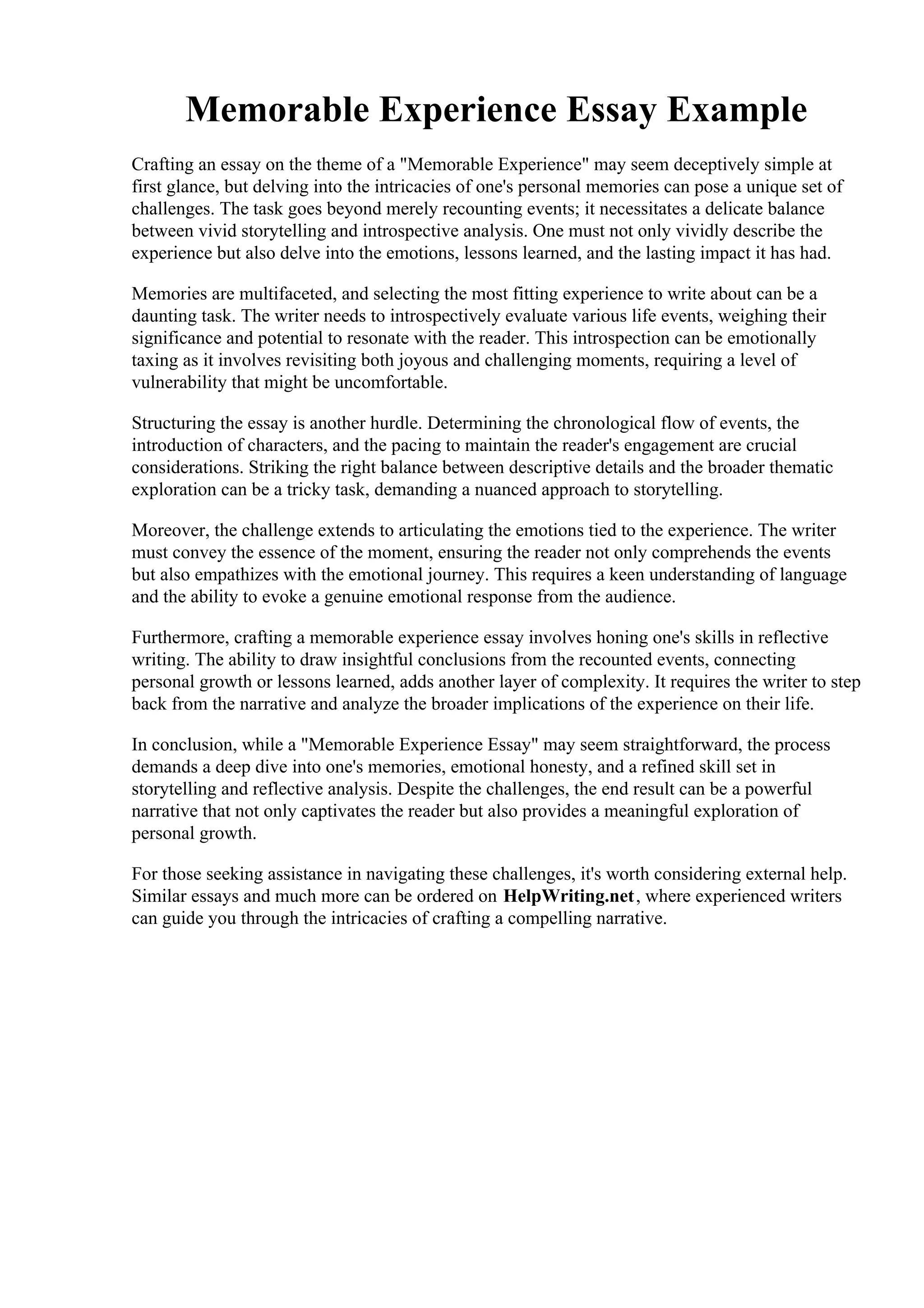 Memorable Experience Essay Example. My Most Memorable Day in My Life Essay Example StudyHippo.com