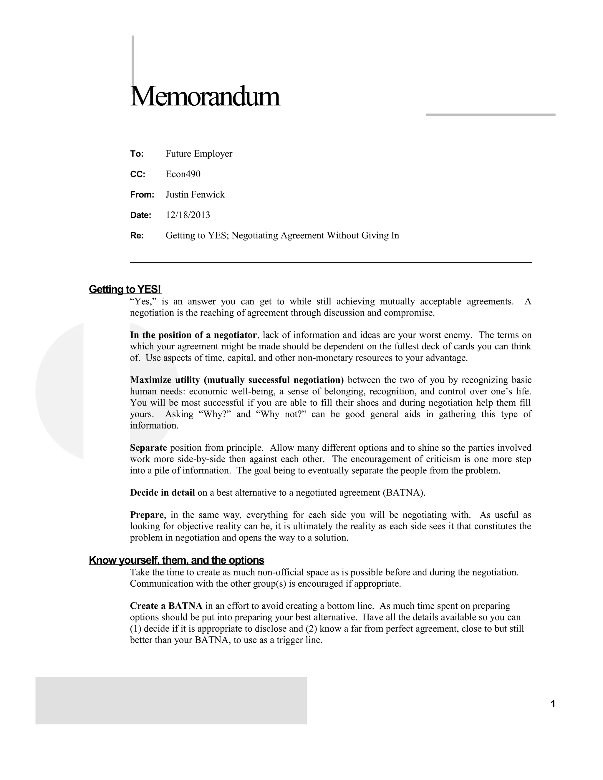 Getting to Yes! Negotiating Agreement Without Giving In - Summary ...