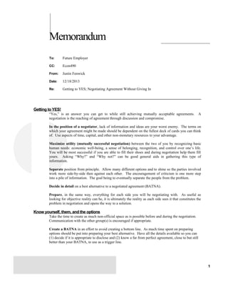 Getting to Yes! Negotiating Agreement Without Giving In - Summary - Memo | DOC