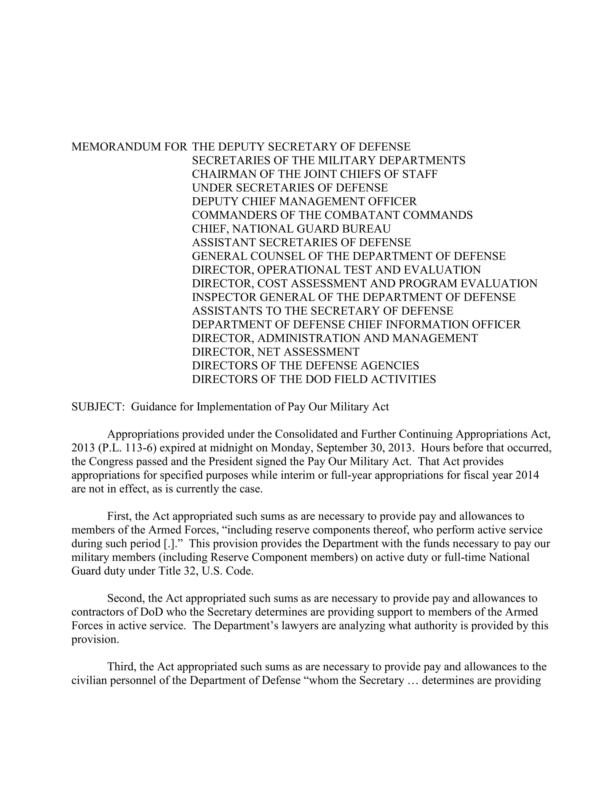 Memorandum Pay Our Military Act Guidance | PDF