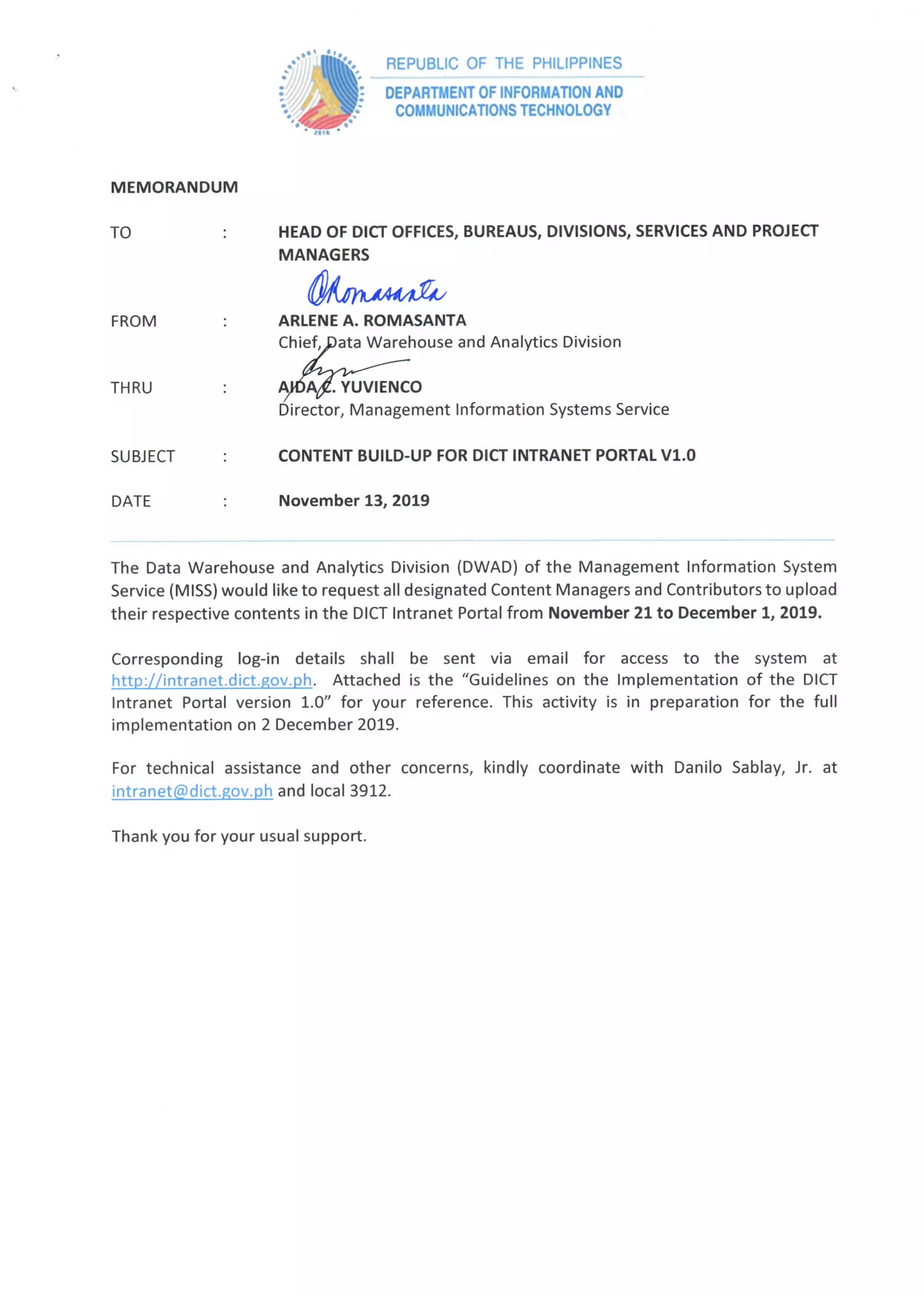 MEMORANDUM FROM THE CHIEF DATA WAREHOUSE AND ANALYTICS DIVISION ...