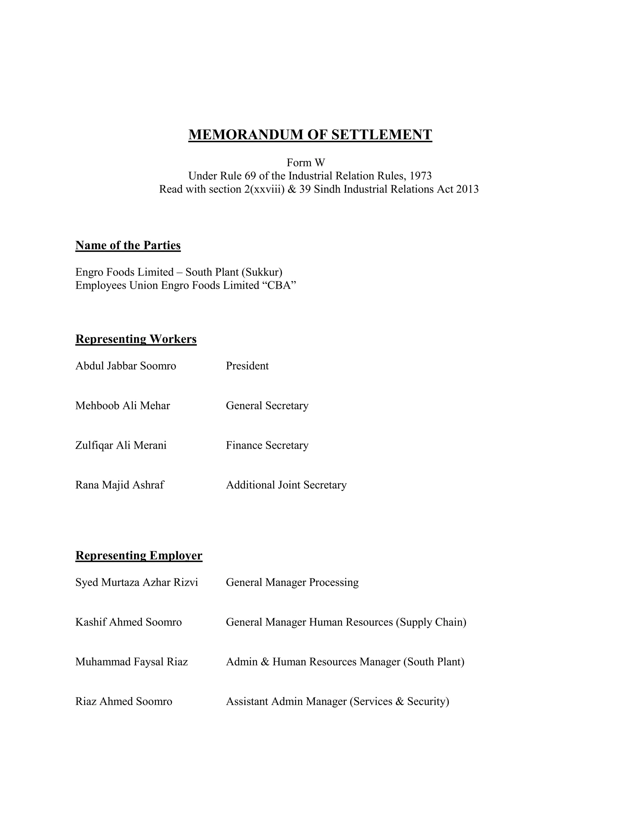 Memorandum of settlement cod 20011 2013 revised | PDF