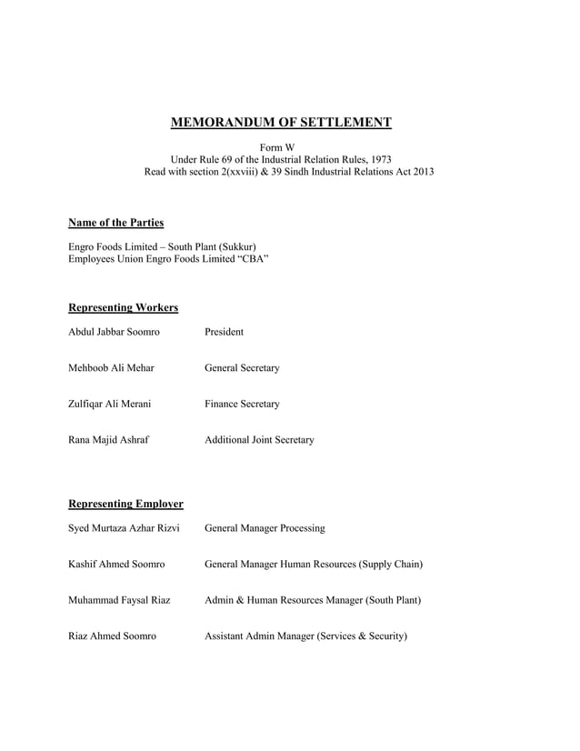 Memorandum of settlement cod 20011 2013 revised | PDF
