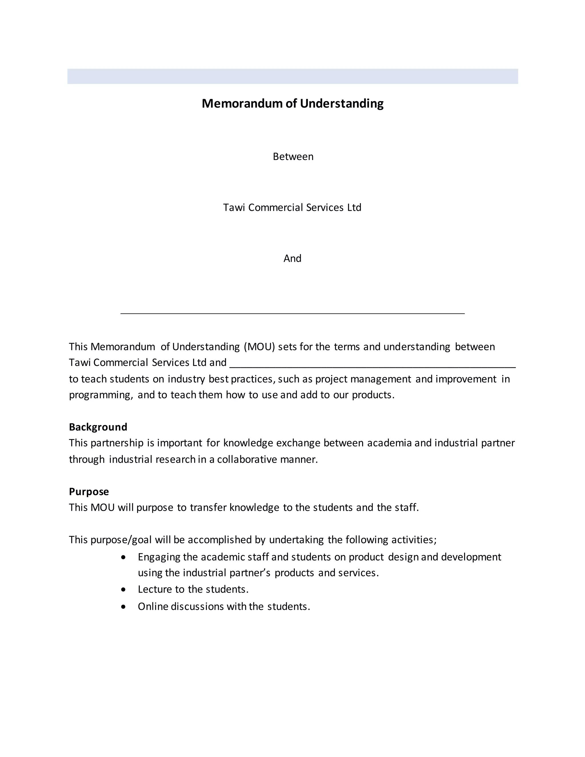 Memorandum of understanding | DOCX | Business | Business and Finance