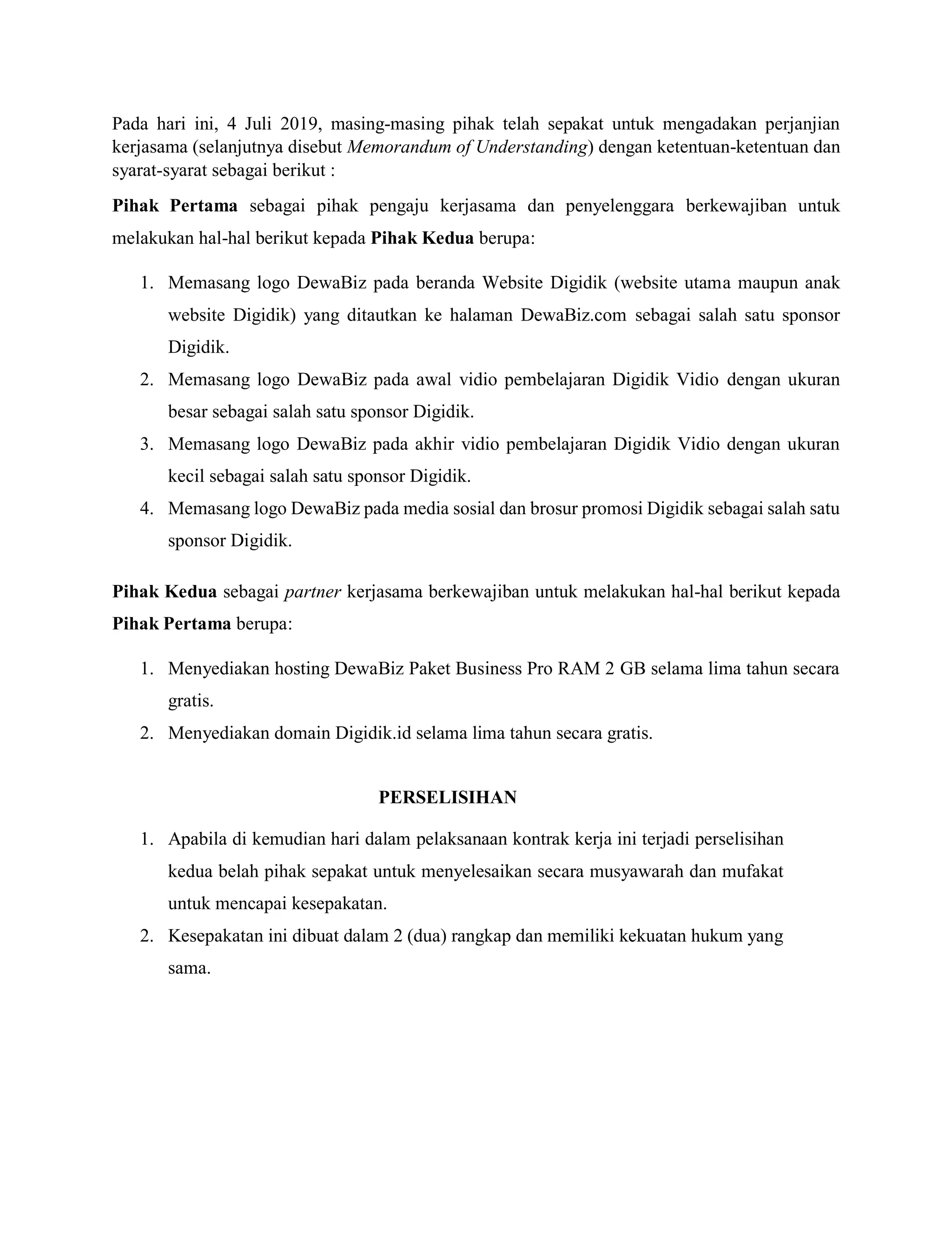 Memorandum of understanding dewa biz | PDF