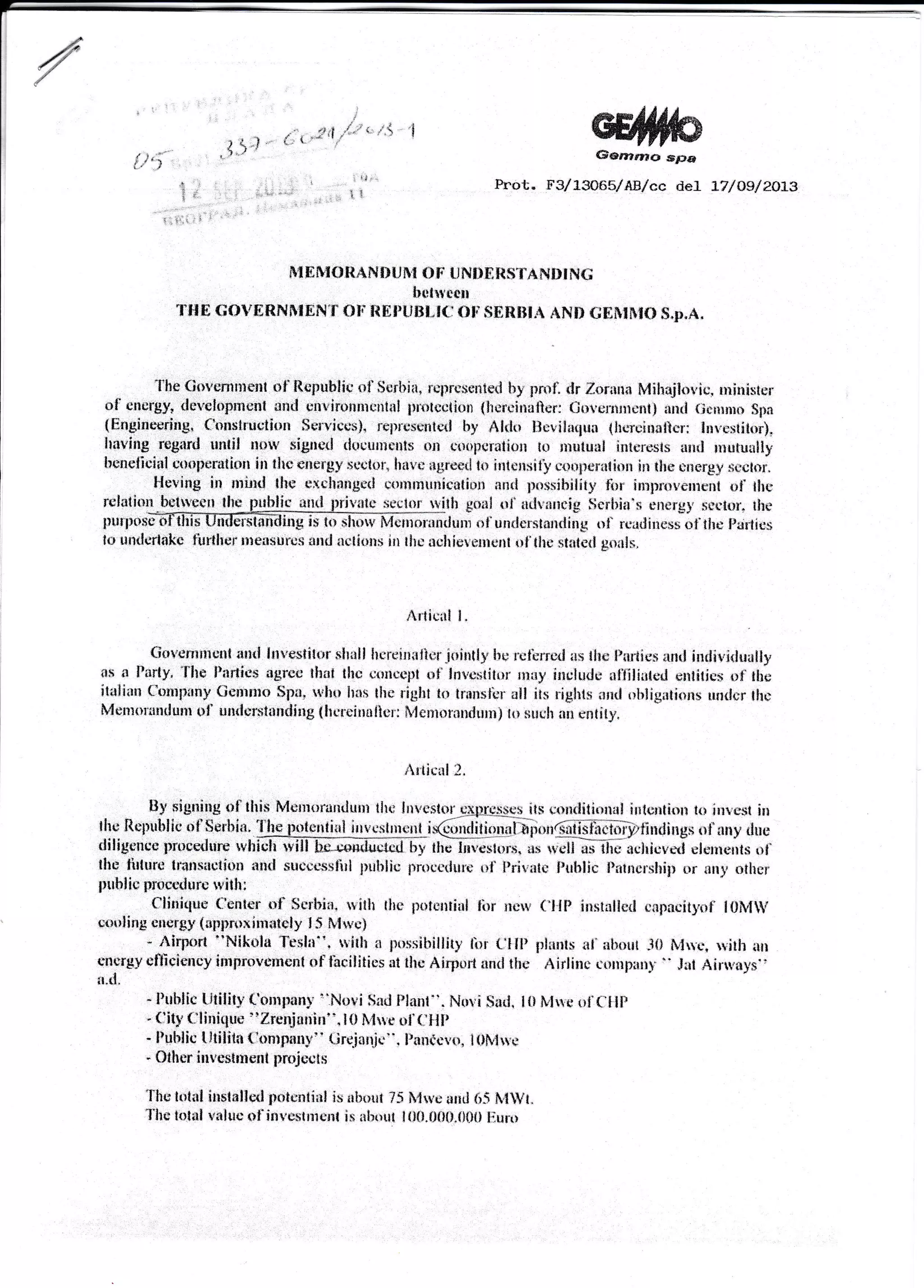 Memorandum o razumevanju sa kompanijom Gemmo | PDF