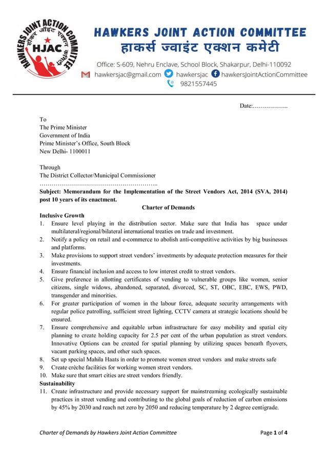 Demands of Hawkers Joint Action Committee | PDF