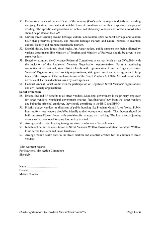 Demands of Hawkers Joint Action Committee | PDF