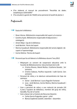 Memoria biblioteca EUETIB 2012 | PDF