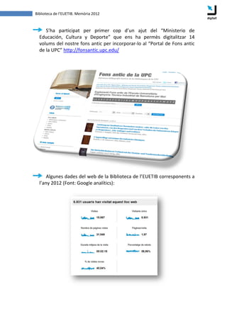 Memoria biblioteca EUETIB 2012 | PDF