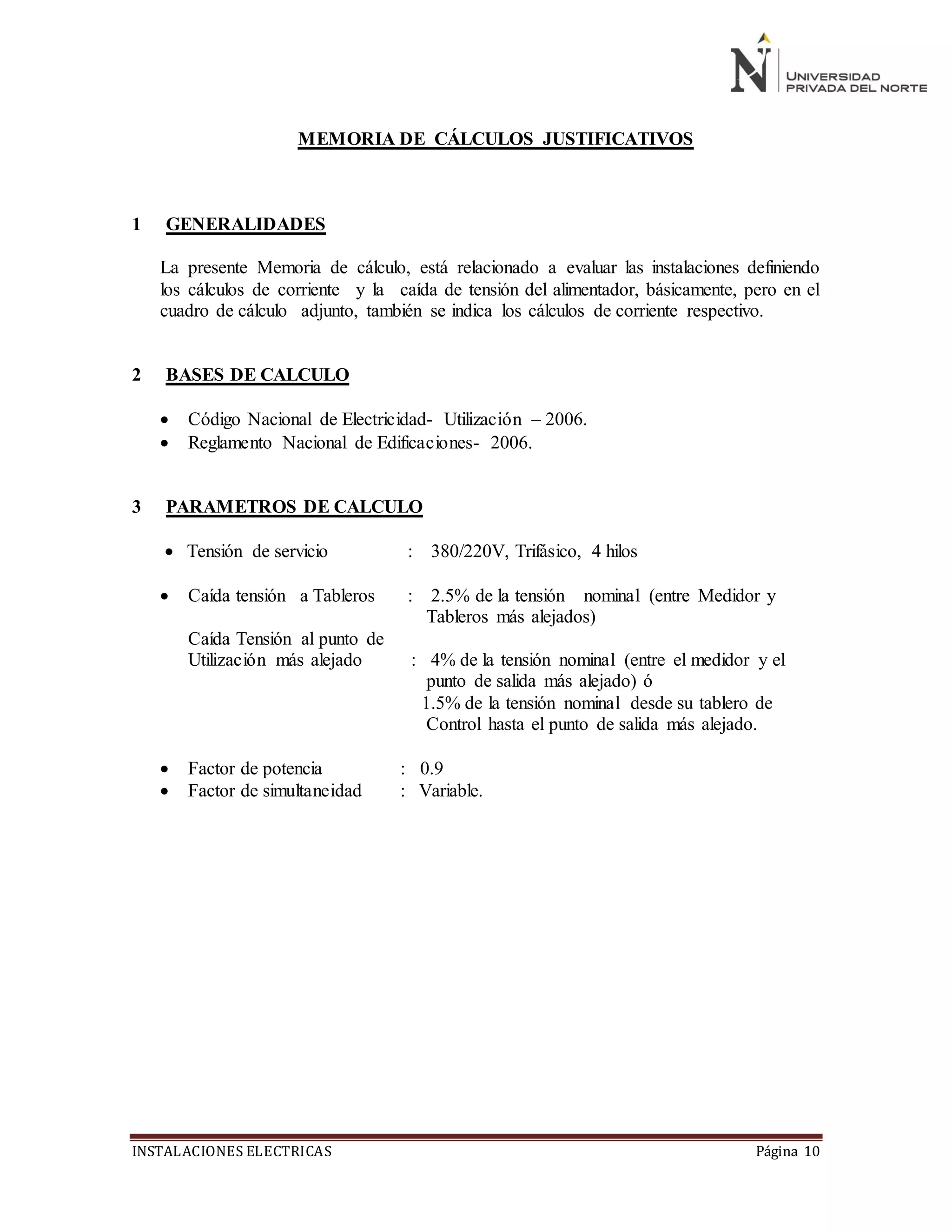 Memoria descriptiva y memoria de calculo eléctricos | DOCX