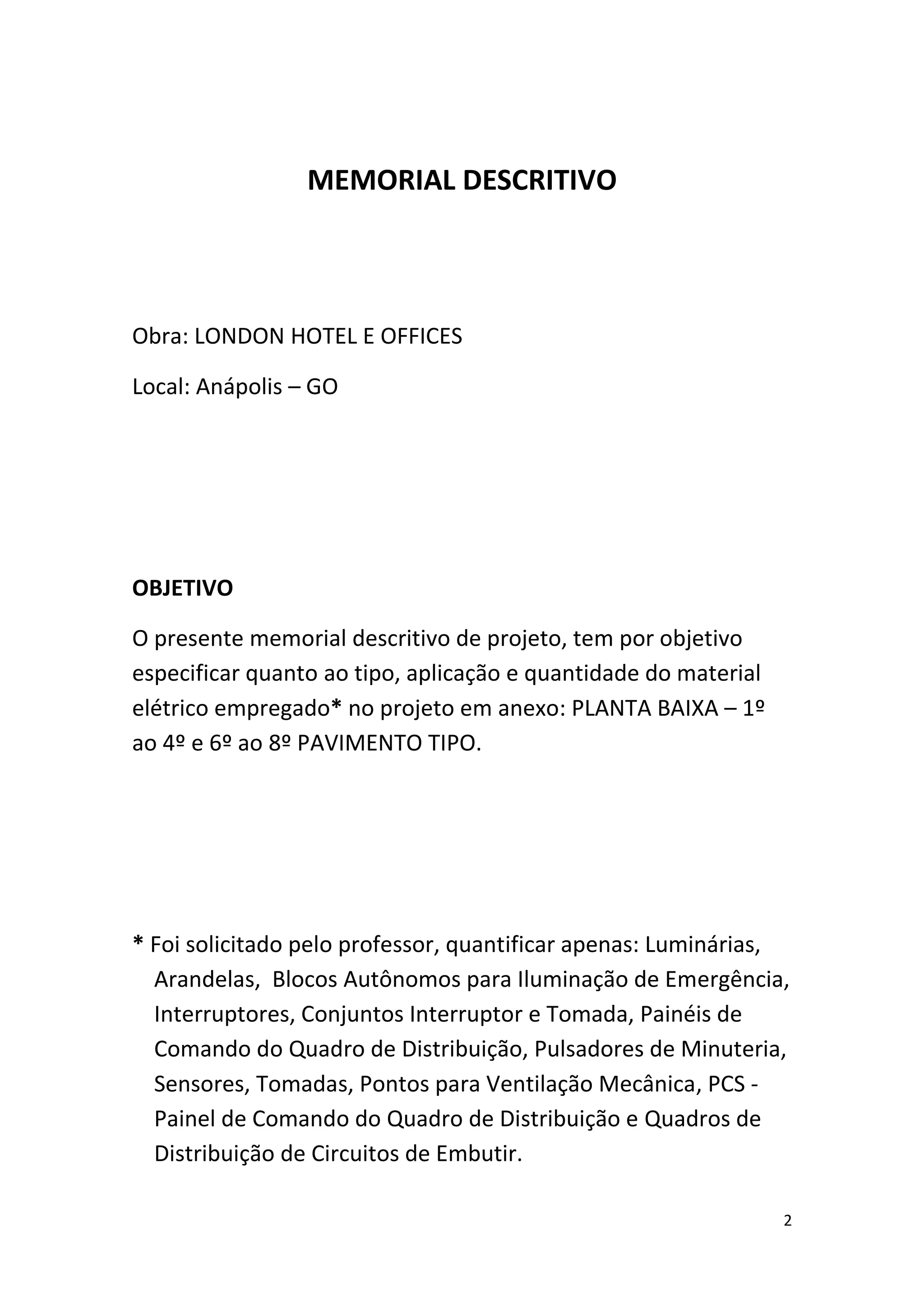 MEMORIAL DESCRITIVO_PROJETO ELÉTRICO_EDIFÍCIO LONDON_PARTE 1 DE 2. | PDF