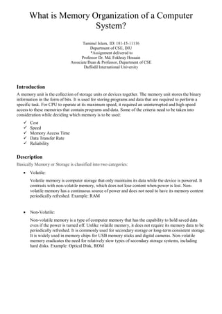 Memory Organization of a Computer System | PDF
