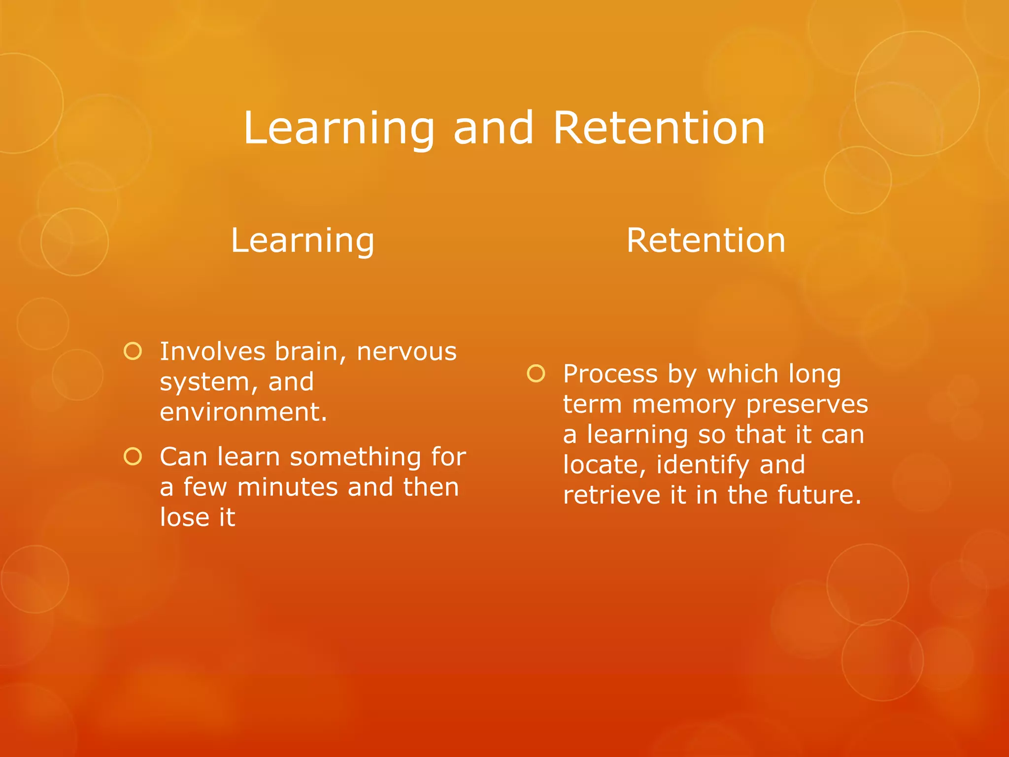 Memory, Retention and Learning | PPTX