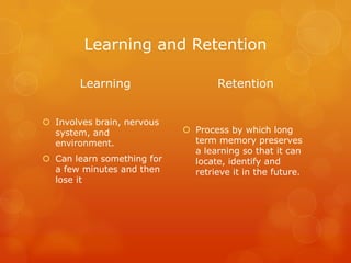 Memory, Retention and Learning | PPTX