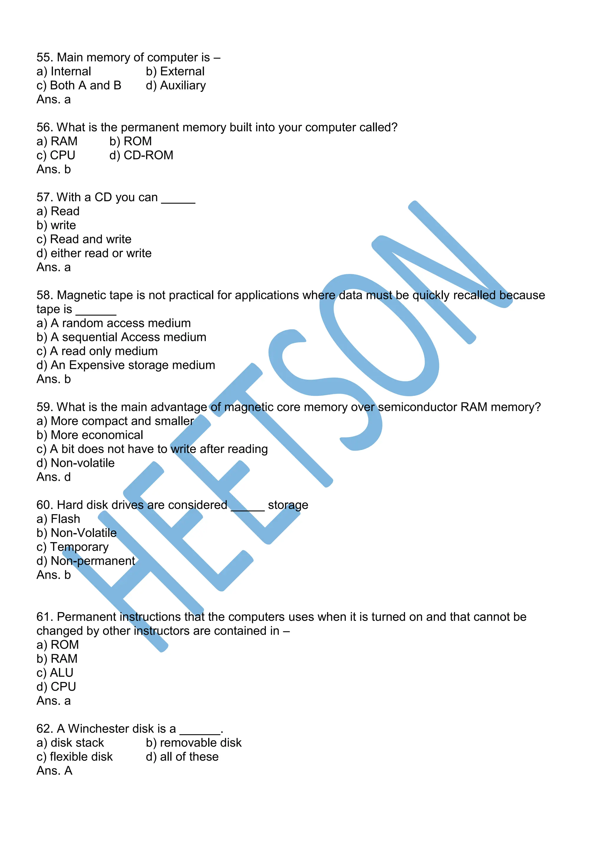 Computer Memory Questions and Answers (Storage MCQ) | PDF