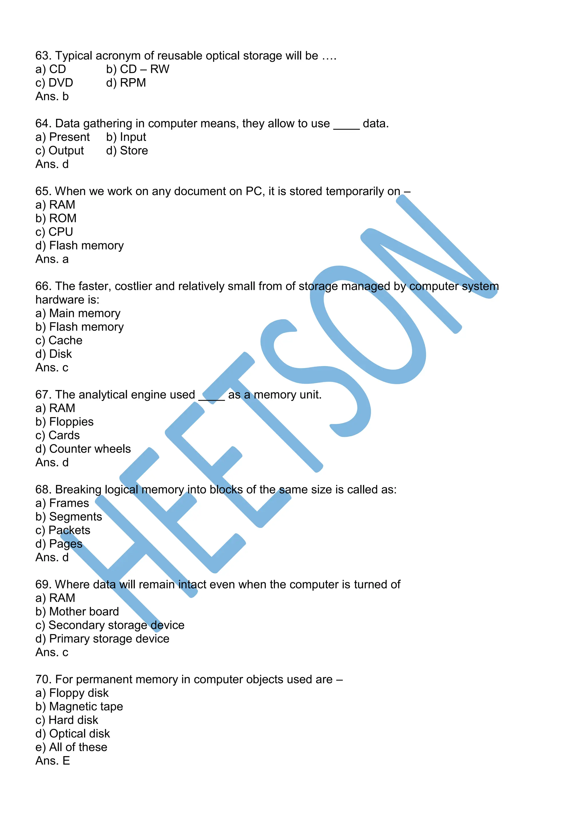 Computer Memory Questions and Answers (Storage MCQ) | PDF