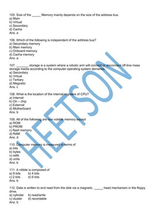 Computer Memory Questions and Answers (Storage MCQ) | PDF