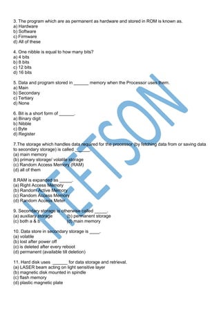 Computer Memory Questions and Answers (Storage MCQ) | PDF