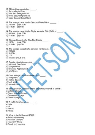 Computer Memory Questions and Answers (Storage MCQ) | PDF