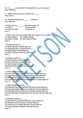 Computer Memory Questions and Answers (Storage MCQ) | PDF