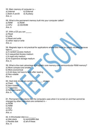 Computer Memory Questions and Answers (Storage MCQ) | PDF