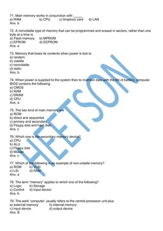Computer Memory Questions and Answers (Storage MCQ) | PDF