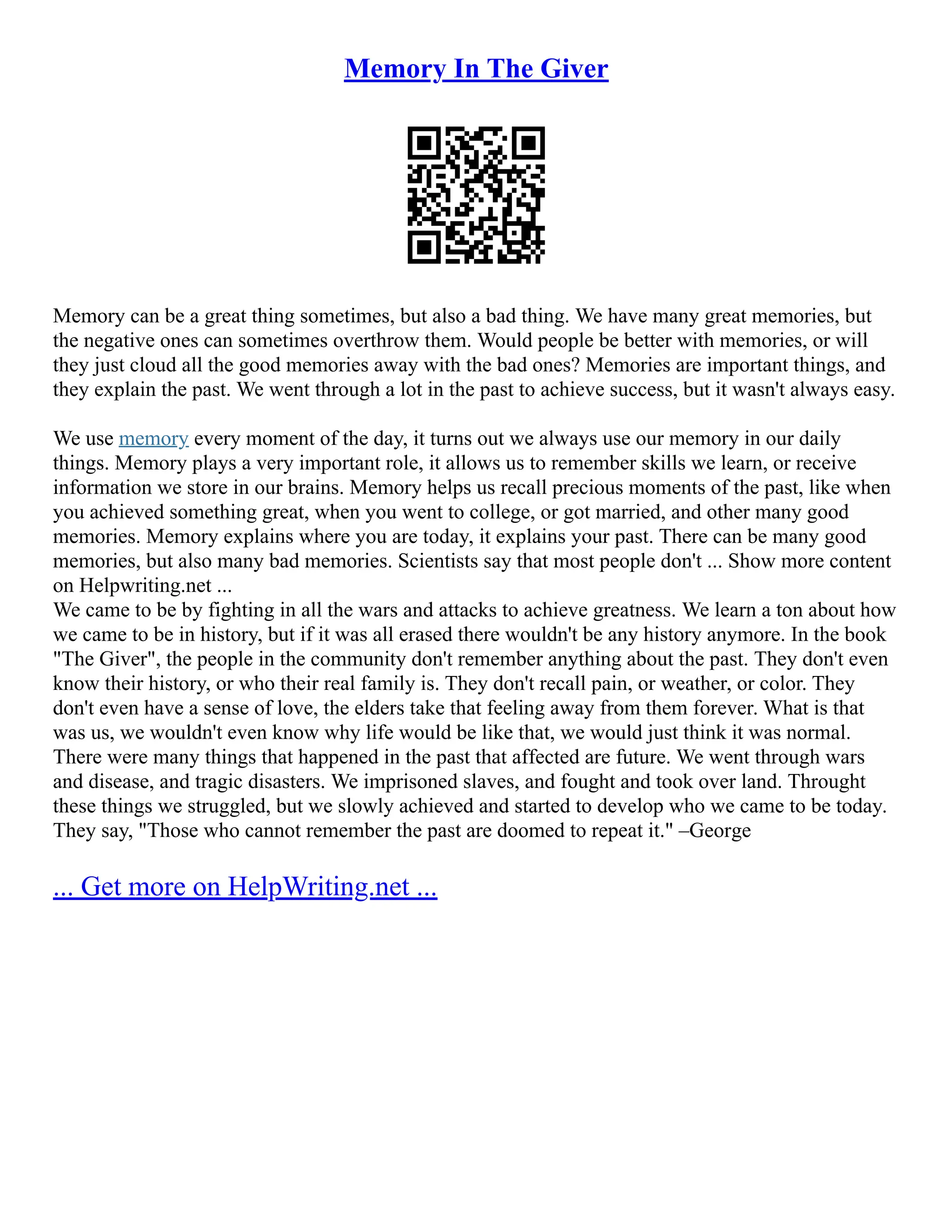 Memory In The Giver | PDF