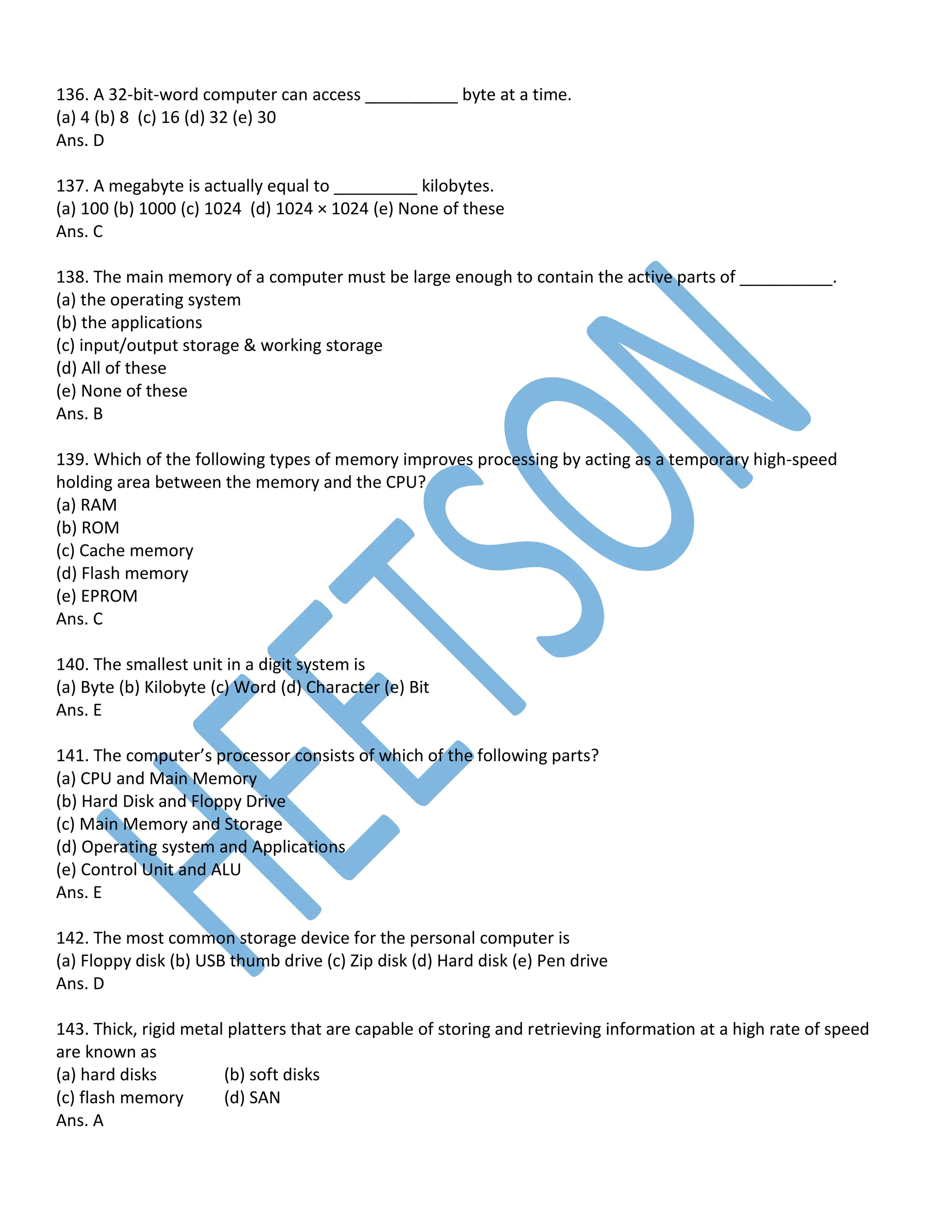Memory Organization MCQ Questions and Answers | PDF