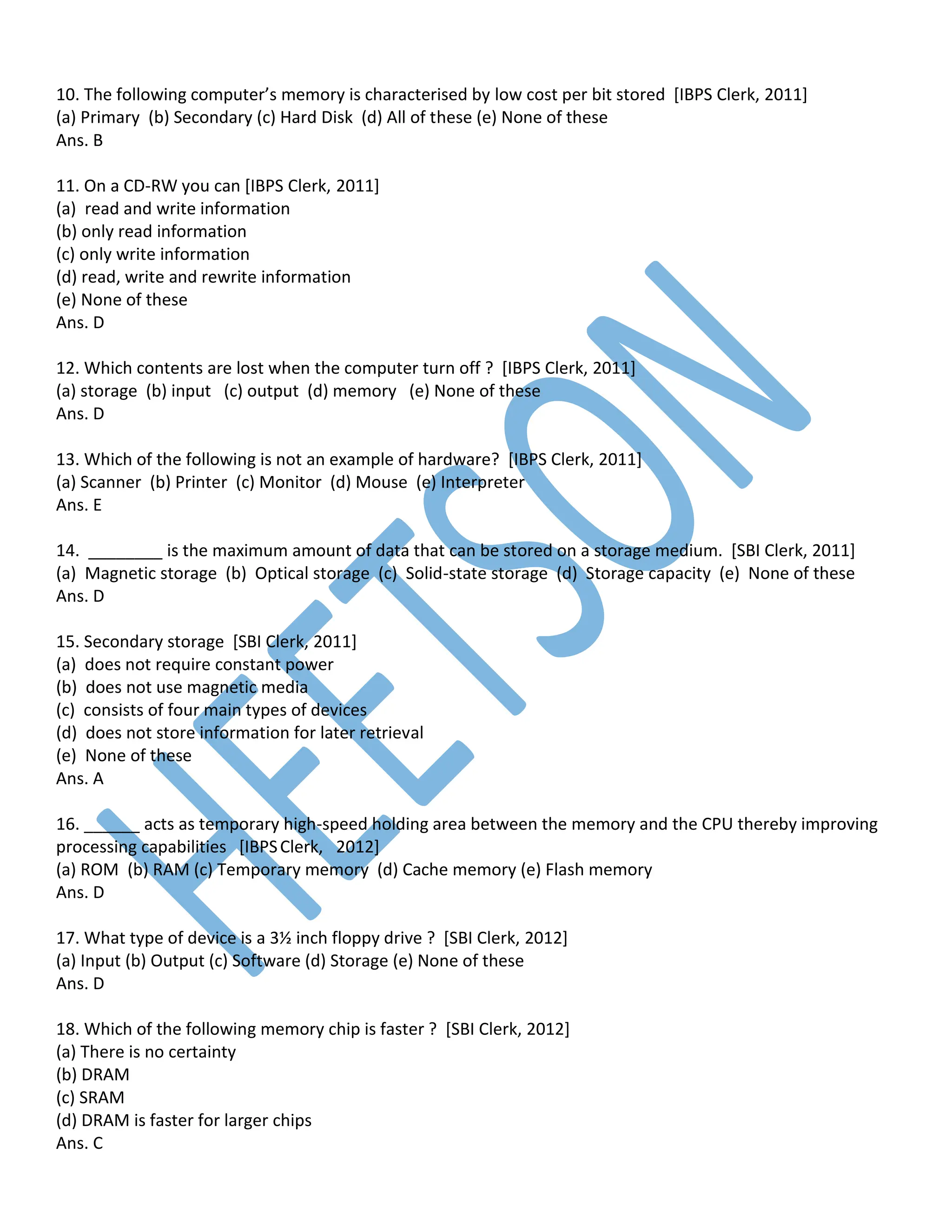 Memory Organization MCQ Questions and Answers | PDF