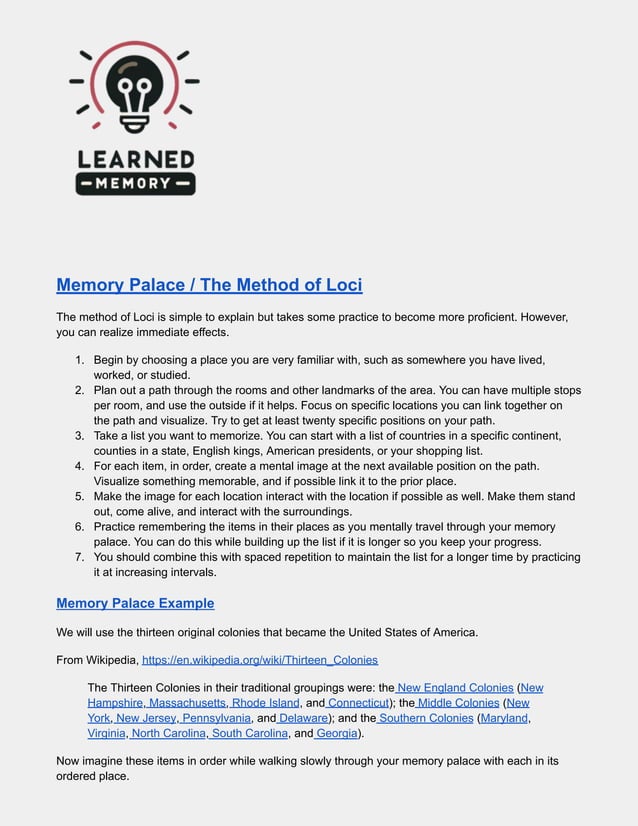 Memory Palace - The Method of Loci - An ancient but effective memory technique | PDF