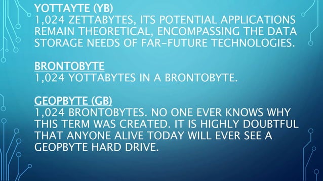 unit of memory measurement Bit, Byte,KB,MB,GB,TB,PB | PPTX | Data ...