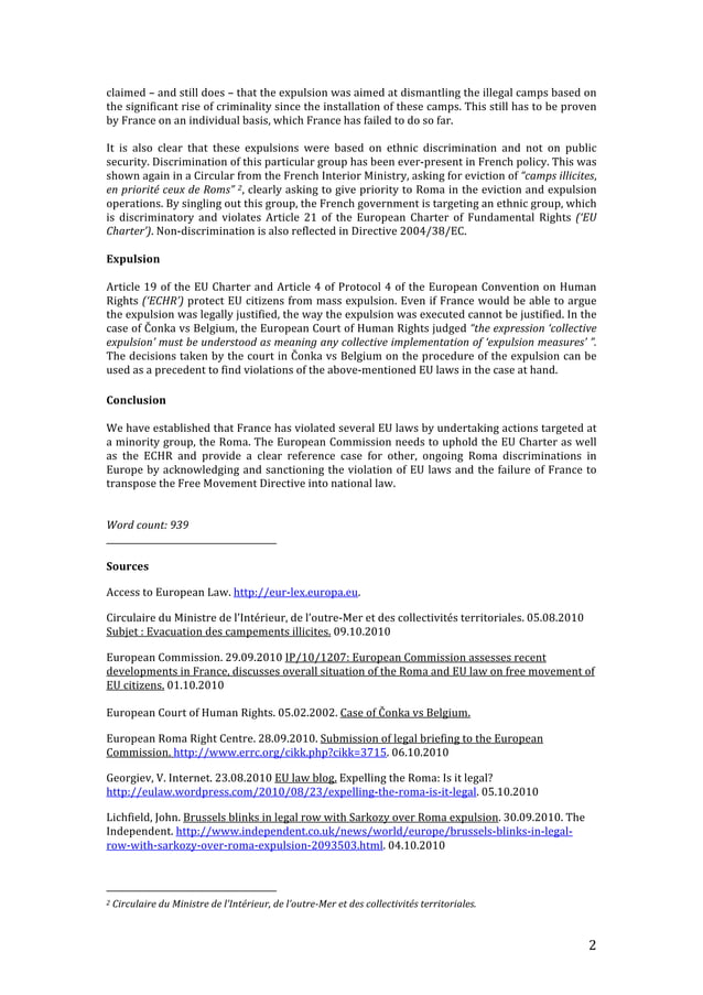 Memo: Law & Governance: Is the expulsion of Roma legal? | PDF