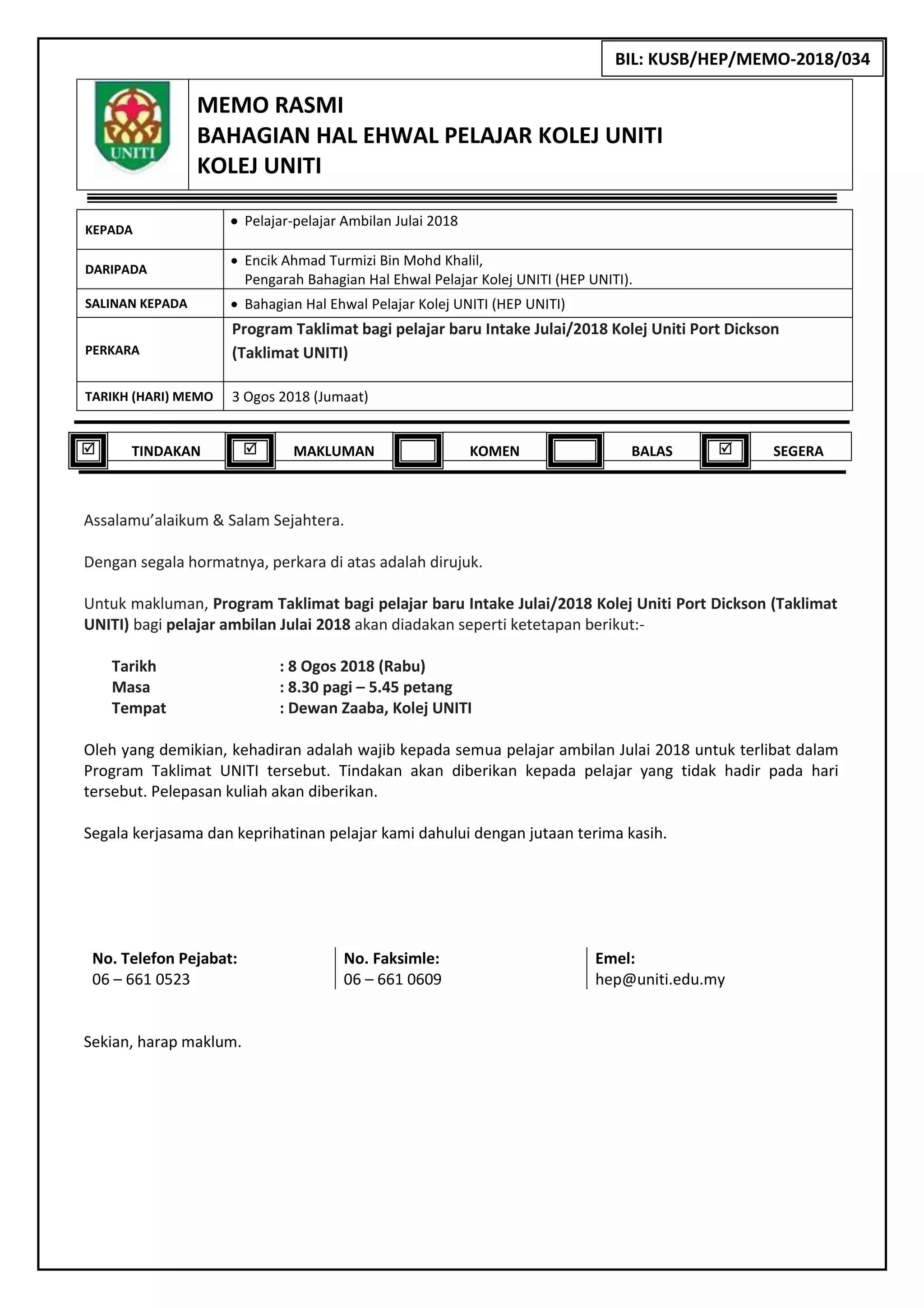 Memo Taklimat 3-2018 | PDF