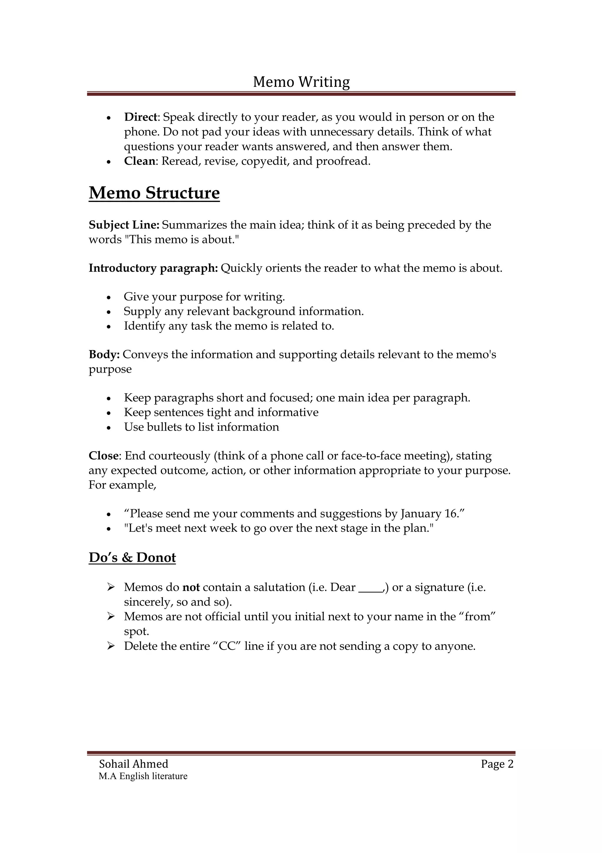 Memo writing notes by Sohail Ahmed Solangi | PDF