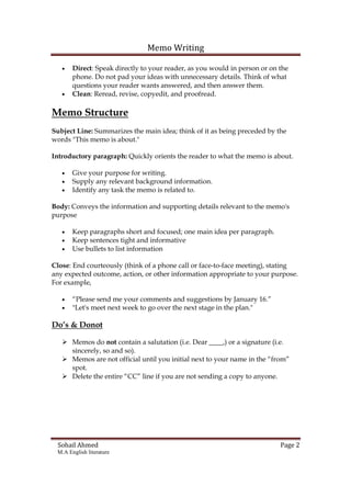 Memo writing notes by Sohail Ahmed Solangi | PDF