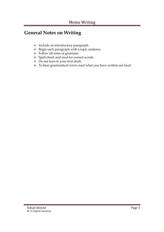 Memo writing notes by Sohail Ahmed Solangi | PDF